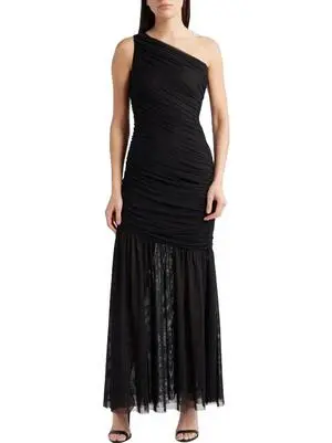 Vince Camuto Drape One-shoulder Mesh Gown - Black