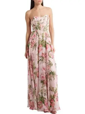 Lulus Strapless Corset Gown - Pink Floral