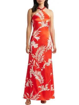 Vince Camuto Beaded Halter Neck Satin Gown - Red