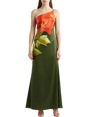 Vince Camuto Placed Print One-shoulder Satin Gown - Olive