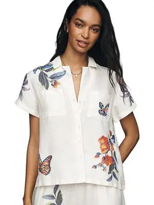Anthropologie Brenna Linen Blend Short-sleeve Buttondown Shirt - Ivory Pattern