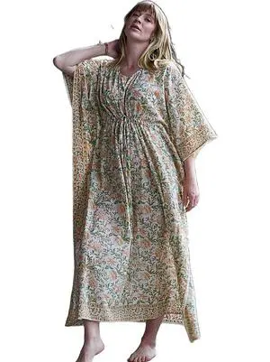 ANCHAL Block Print Floral Kaftan - Pink