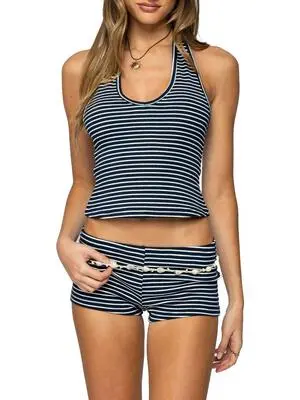 EDIKTED Striped Ribbed Halter Top - Navy-and-white