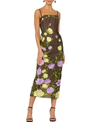 HELSI Floral Embroidered Midi Cocktail Dress - Black/ Pale Yellow