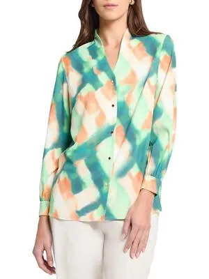 Misook Abstract Printed Button-up Shirt - P Green/mult