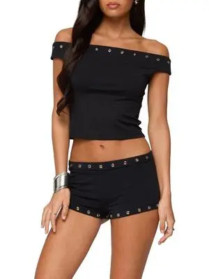 EDIKTED Neriah Grommet Trim Crop Top - Black