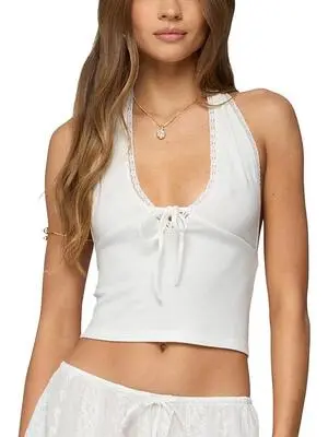EDIKTED Tie Front Halter Top - White