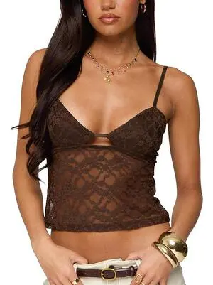 EDIKTED Sheer Lace Cut Out Tank Top - Brown