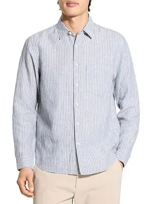 Theory Irving Long Sleeve Linen Shirt In Summer Stripe - Dark Rainstorm/eggshell