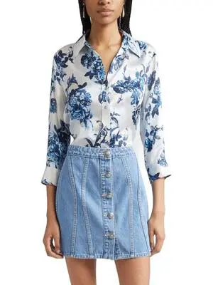 L'Agence Dani Floral Silk Shirt White/ Blue Painterly Floral