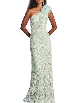 Tadashi Shoji Embroidered Lace One-shoulder Gown - White/ Aloe Green