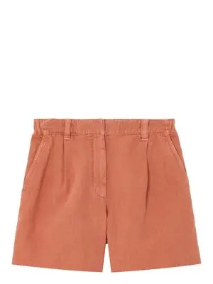 Brunello Cucinelli Bead-embellished Pleated Cotton And Linen-blend Twill Shorts - Orange