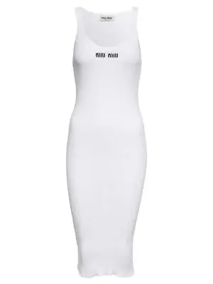 Miu Miu Logo Cotton Jersey Midi Dress - White