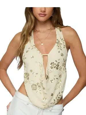 EDIKTED Beaded Chiffon Backless Cowl Neck Top - Cream