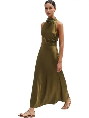 ME+EM Draped Halterneck Maxi Dress - Golden Olive Green