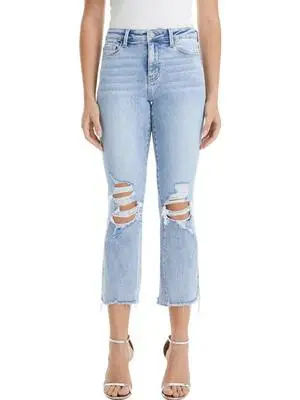 BAYEAS High Waist Distressed Crop Flare Jeans - Light Blue