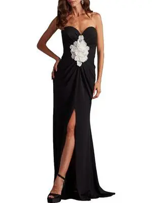 Tadashi Shoji 3d Flower Strapless Gown - Black/ Ivory