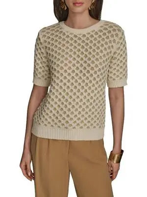 Donna Karan New York Honeycomb Short Sleeve Open Stitch Sweater - Gold/ Cream
