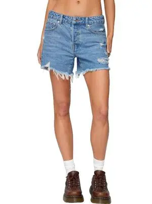 EDIKTED Cale Distressed Denim Shorts - Blue-washed