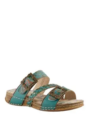 SPRING STEP SHOES Astra Floral Leather Slide Sandal - Sky Blue Multi