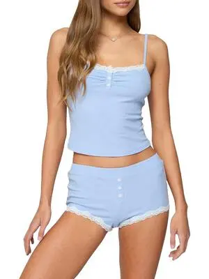EDIKTED Olena Lace Trim Henley Camisole - Light-blue