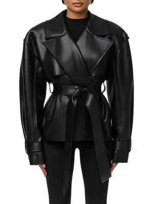 Naked Wardrobe Faux Leather Cropped Trench Coat - Black