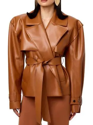 Naked Wardrobe Faux Leather Cropped Trench Coat - Camel