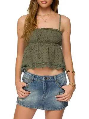 EDIKTED Orian Eyelet Cotton Babydoll Camisole - Olive