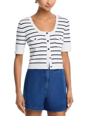 Aqua Striped Short Sleeve Cardigan - White/navy