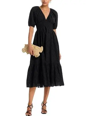 Aqua Eyelet V-neck Midi Dress - Black