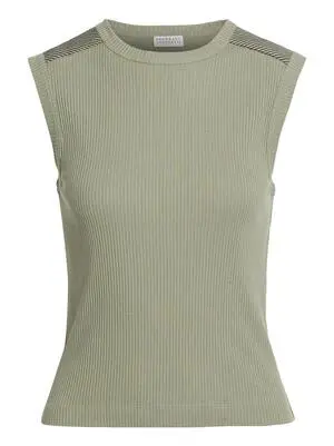 Brunello Cucinelli Bead-embellished Ribbed Cotton Top - Sage Green