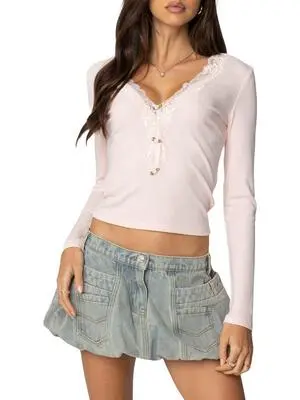 EDIKTED Lace Trim Long Sleeve Top - Pink