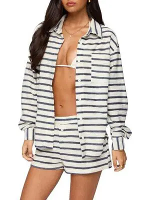 EDIKTED Collins Stripe Oversize Button-up Shirt - Navy-and-cream