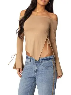 EDIKTED Asymmetric Top With Side Ties - Brown