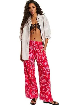 Free People Day's End Linen Printed Pull-on Pants - Cherry Combo