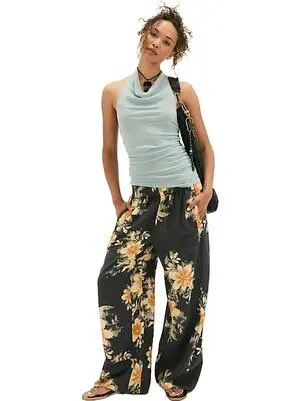Free People Day's End Linen Printed Pull-On Pants Washed Black Combo - Floral