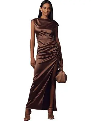 Bhldn High-neck Stretch Satin Maxi Dress - Chocolate