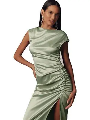 Bhldn High-neck Stretch Satin Maxi Dress - Sage Green
