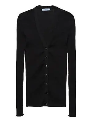 Prada Enamelled-logo Ribbed Cotton Knit Cardigan - Black