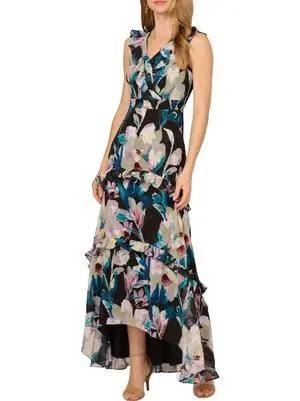 Adrianna Papell Floral Ruffle Chiffon Evening Gown - Black Multi