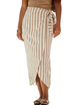 NEXT Striped Linen Blend Faux Wrap Midi Skirt