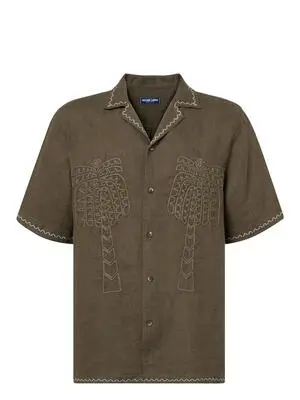 Frescobol Carioca Flavio Embroidered Linen Bowling Shirt - Green