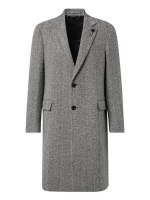 LARDINI Herringbone Virgin Wool Tweed Overcoat - Black