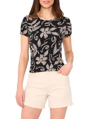 Vince Camuto Keyhole Floral Top - Rich Black