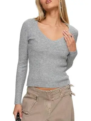Princess Polly Elayna V-neck Fitted Crop Sweater - Grey Marle
