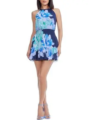 Dress The Population Kaylee Floral Plissé Minidress - Navy Multi