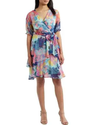TAHARI ASL Floral Shadow Stripe Faux Wrap Dress - Seafoam Multi