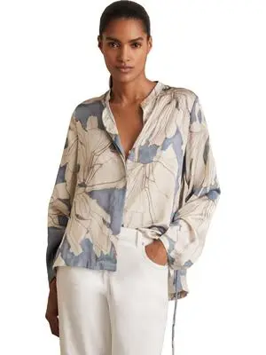 REISS Floral Print Cut Out Shirt - Blue