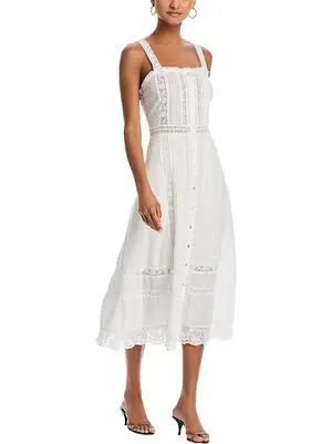 LoveShackFancy Judalon Lace Button Front Midi Dress - Optic White
