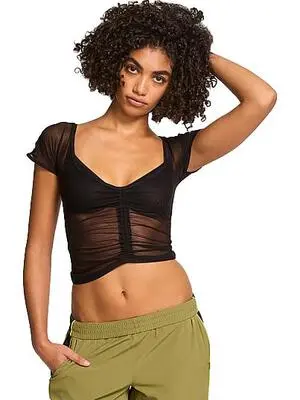 Pink Mesh Ruched Cap-sleeve Cropped Top - Black